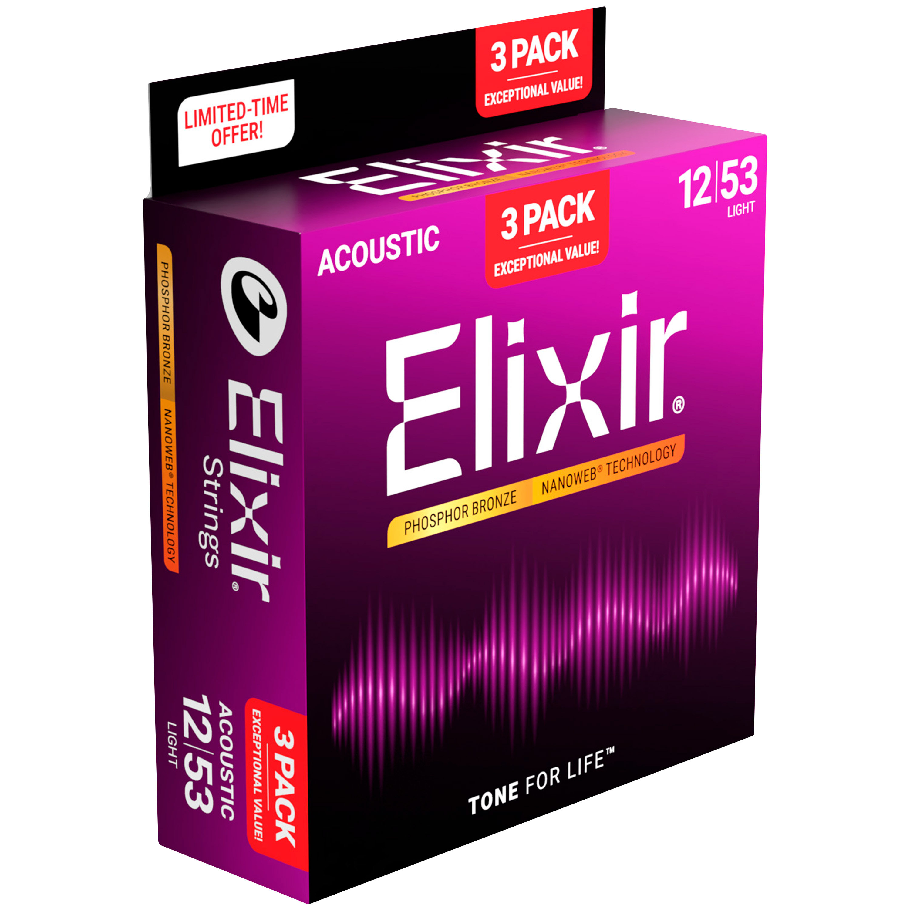 Elixir 16569 Phosphor Bronze Pack de 3 12-53 - Cordes guitare SonoVente.com